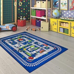 Blue Kids Rug, Train Rail Play Mat, Kids Room Rug With Trolley, Kids ...