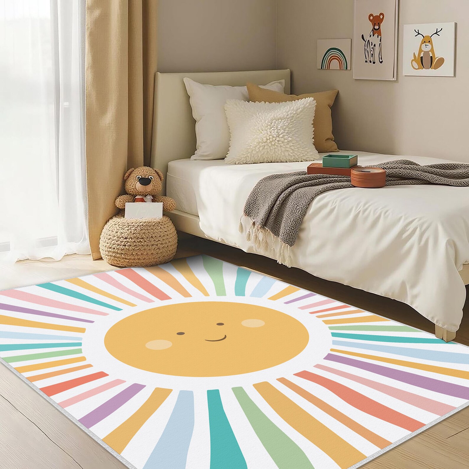 Smiling Sun Patterned Kids Rug, Happy Sun Rug, Fun Kids Rug With ...