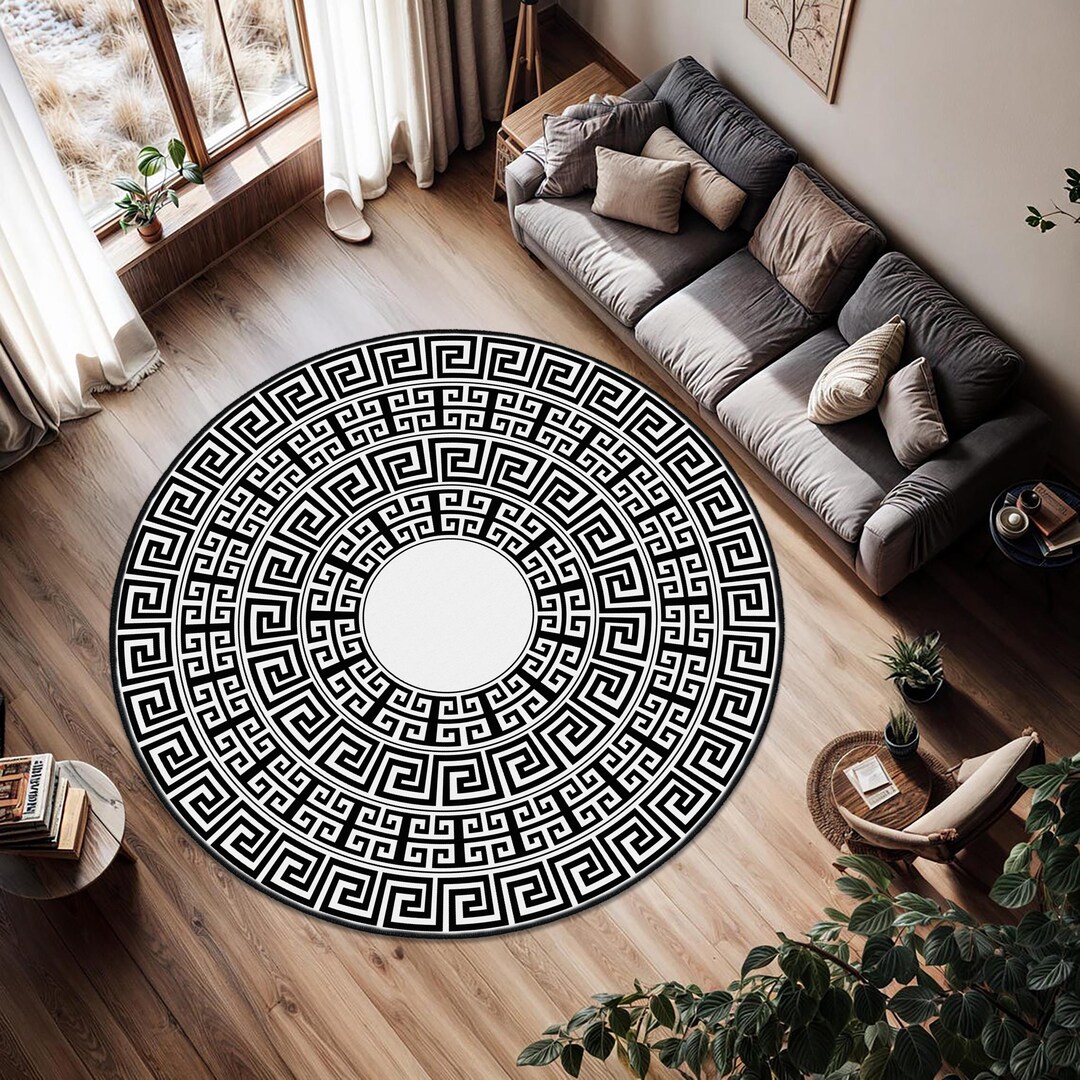Greek Key Patterned Rug, Black Greek Patterned Carpet, Greek Round Rug ...