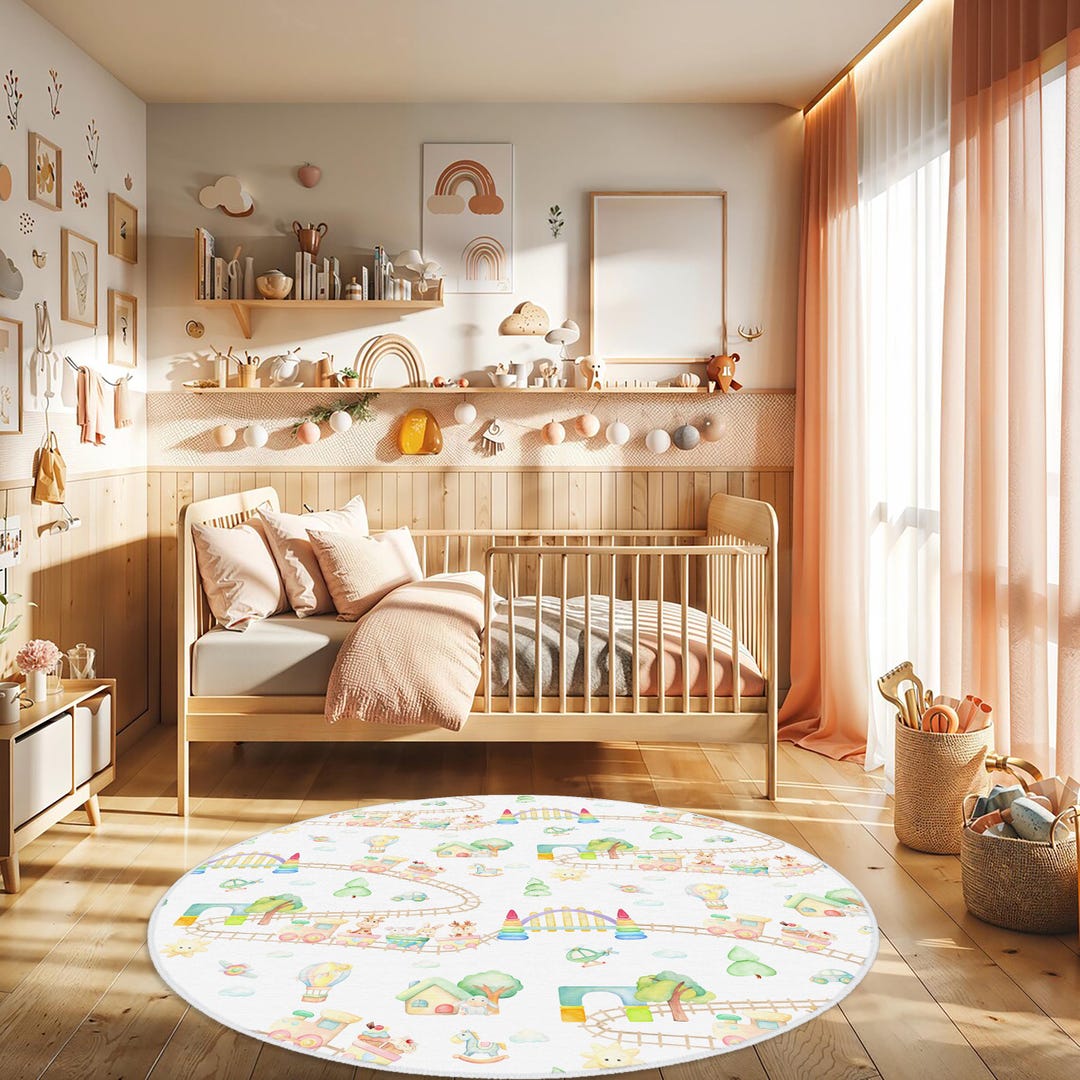 Train Safari Themed Carpet, Nursery Rug, Animals Pattern Train Rugs ...