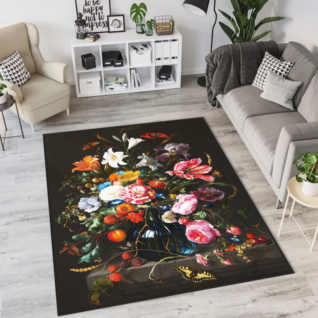 Black Rug, Floral Carpet, Rose Pattern Rug, Leafy Rug, Living Room ...