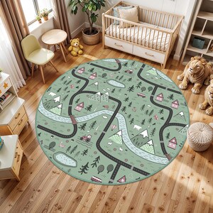 Mountain Forest Adventure Kids Room Rug, Green Woodland Wildlife Round ...