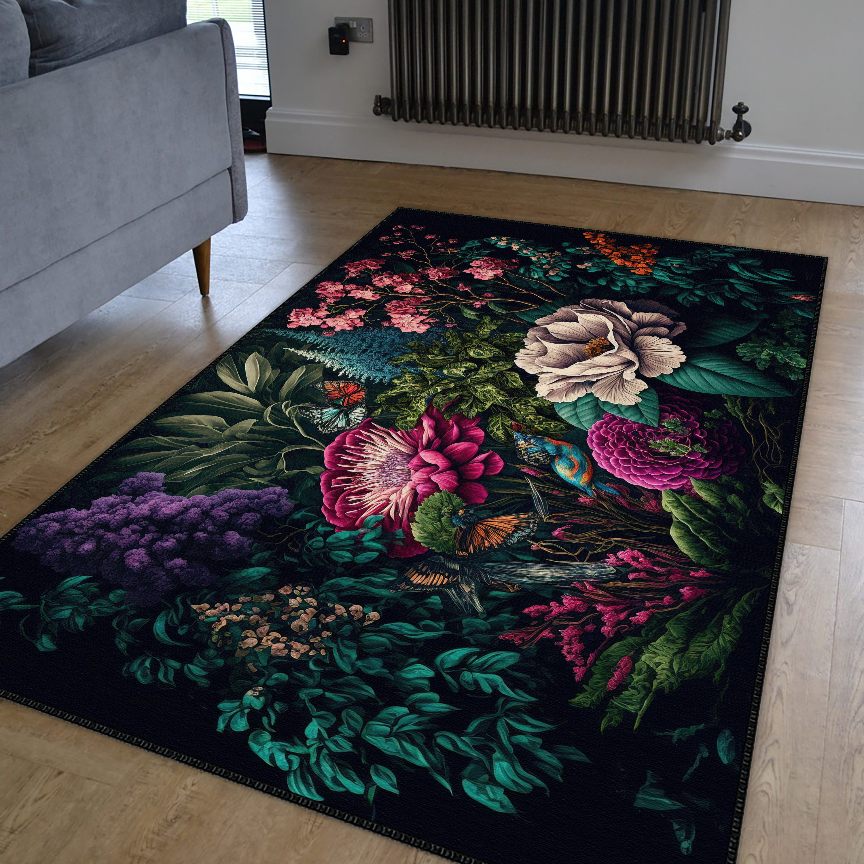 Black Rug, Floral Carpet, Rose Pattern Rug, Leafy Carpet, Living Room ...