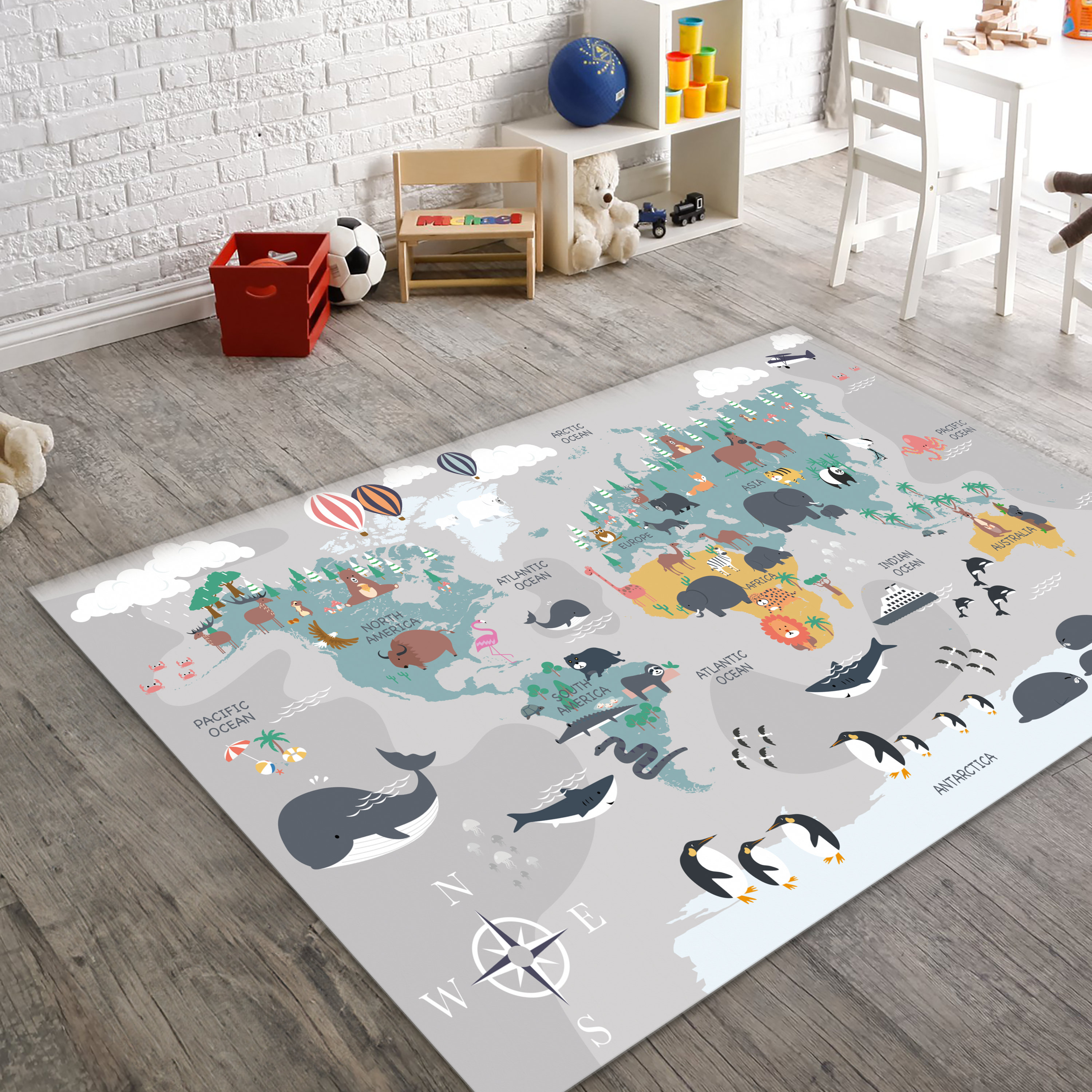 Gray Kids Rugs, World Map Play Mat, Nursery Mat, Animal World World ...