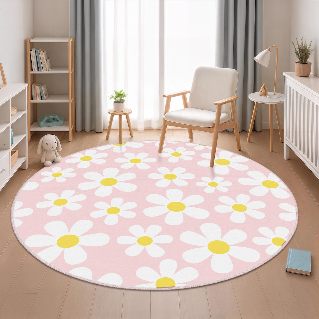 Pink Daisy Rug, Daisy Baby Rugs, Soft Pink Daisy Kids Rug, Round Floral ...