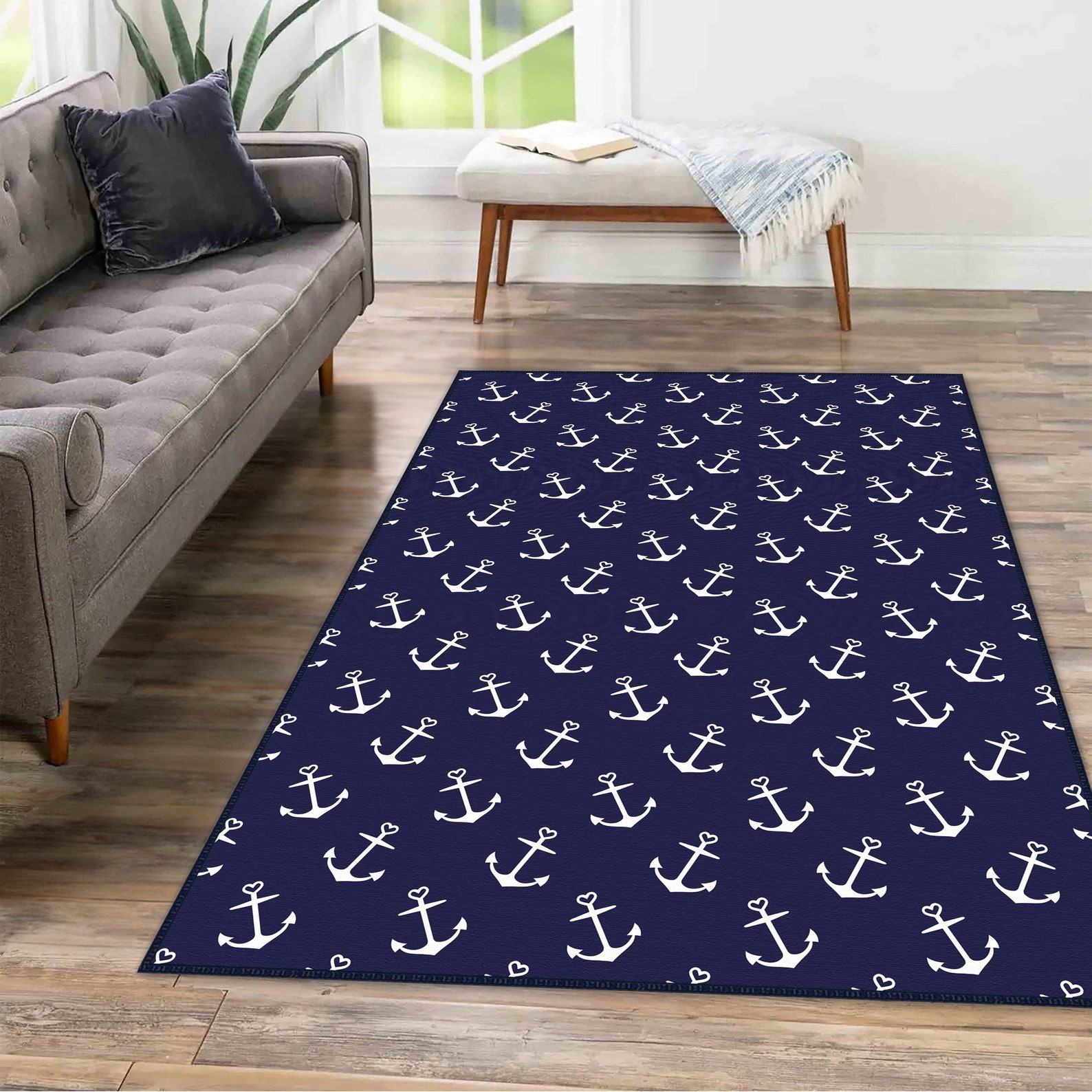 Navy Blue Anchor Patterned Rug, Custom Gift Marina Rug, Sailor Rug ...