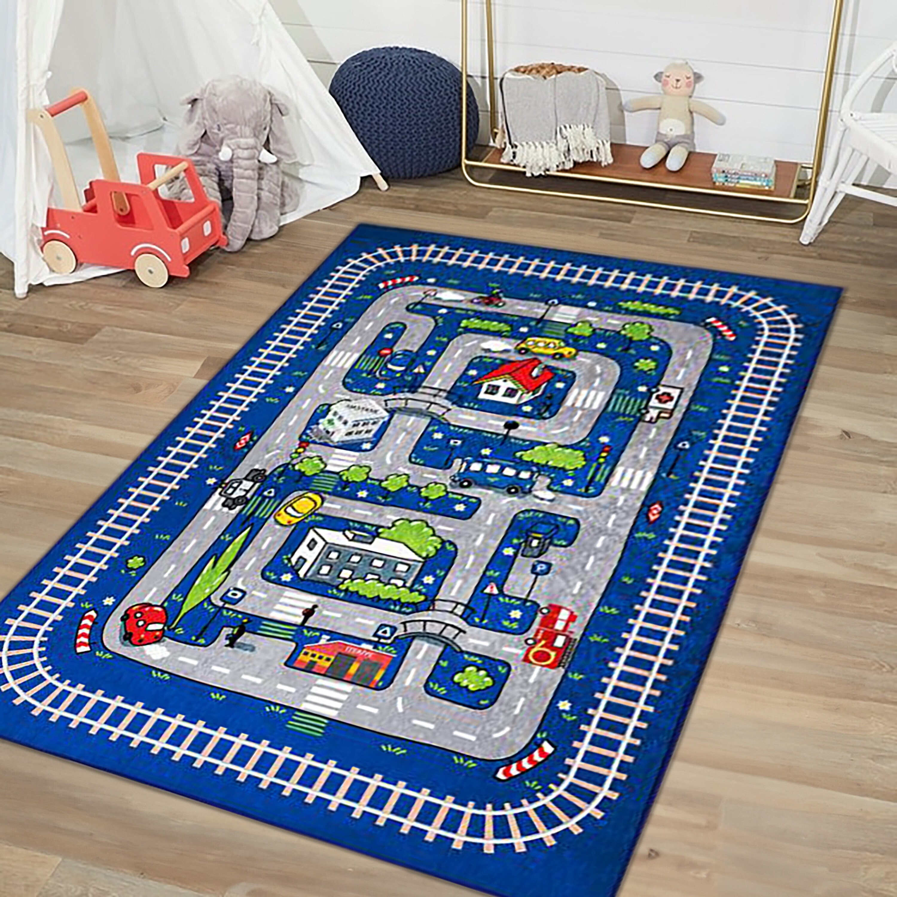 Blue Kids Rug, Train Rail Play Mat, Kids Room Rug With Trolley, Kids ...