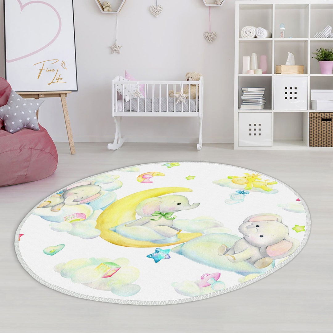 Elephant Patterned Rug, Kids Round Rug, Elephant Kids Room Rug, Cute ...