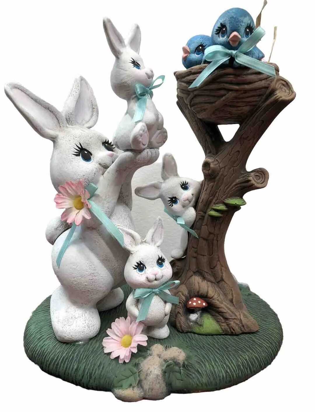 Spring Ceramic Bunnies and Birds Figurine Handcrafted - Etsy