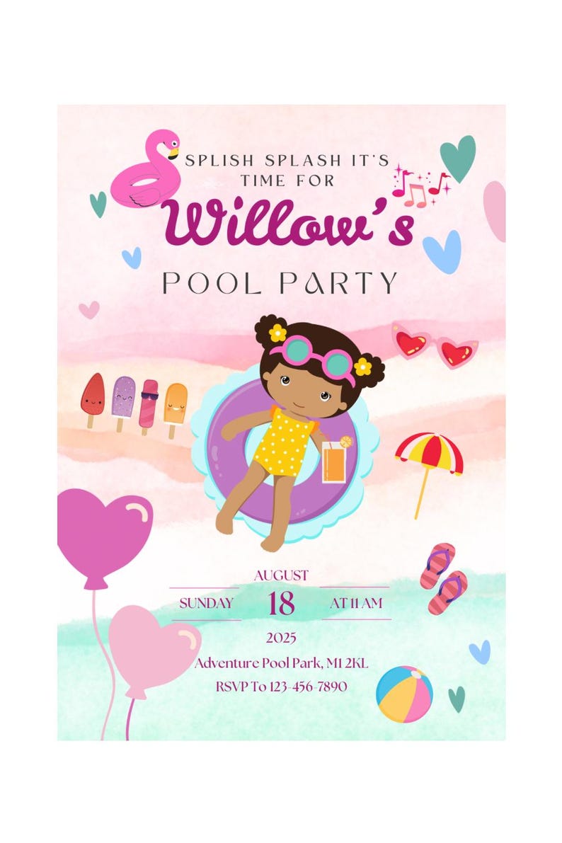 Summer Pool Party Invitation Template Flamingo Design Beach Theme ...