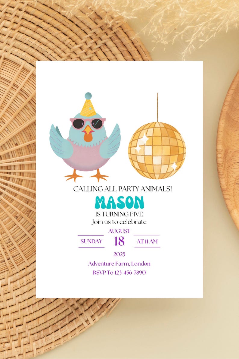 Chicken Disco Birthday Invitation: Farm Party Template (digital ...