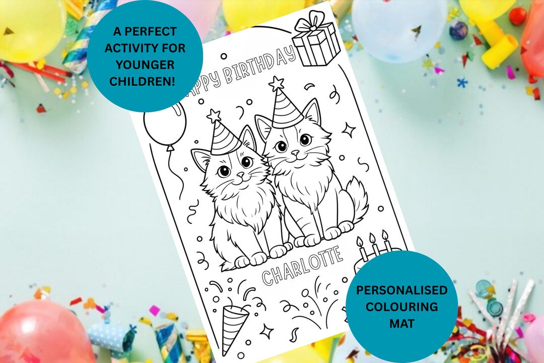 Birthday Colouring Placemat Printable, Birthday Colouring Parties, Cat ...