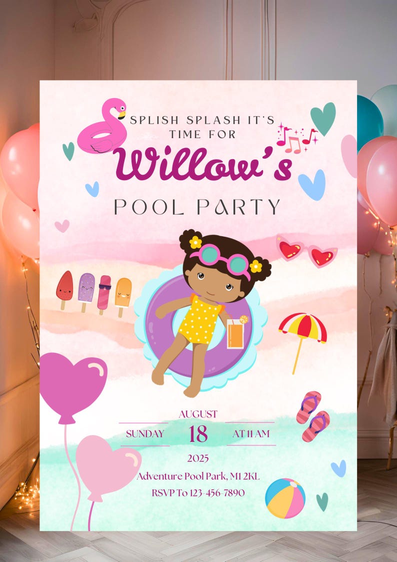 Summer Pool Party Invitation Template Flamingo Design Beach Theme ...