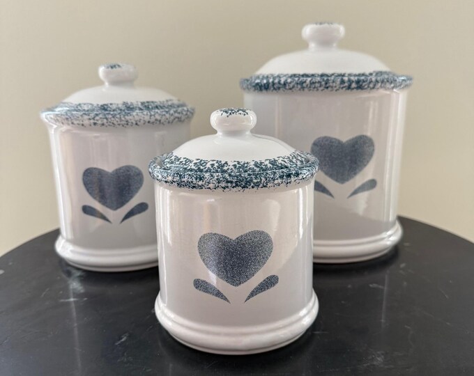Vintage Lillian Vernon Stoneware Canister Set With Blue Hearts ...