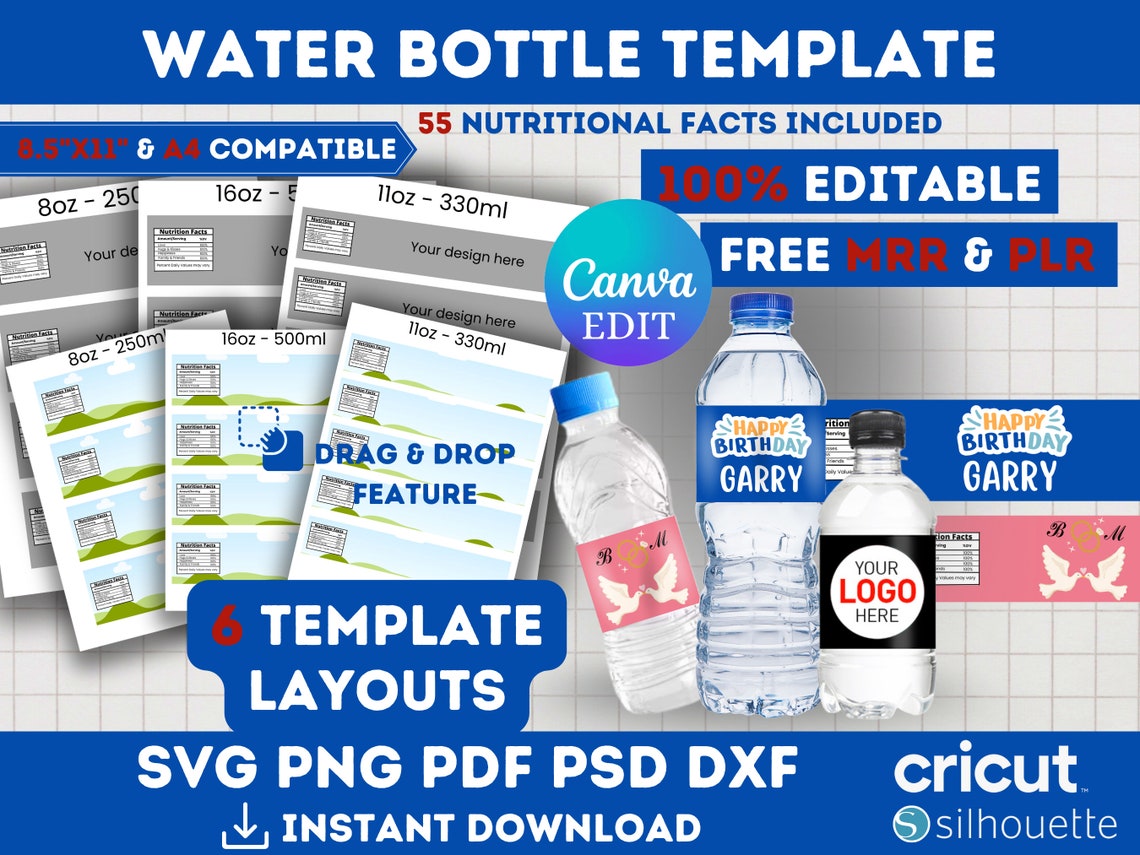 8-16 Oz / 220ml-500 Ml Water Bottle Label Template DIY Label Template ...