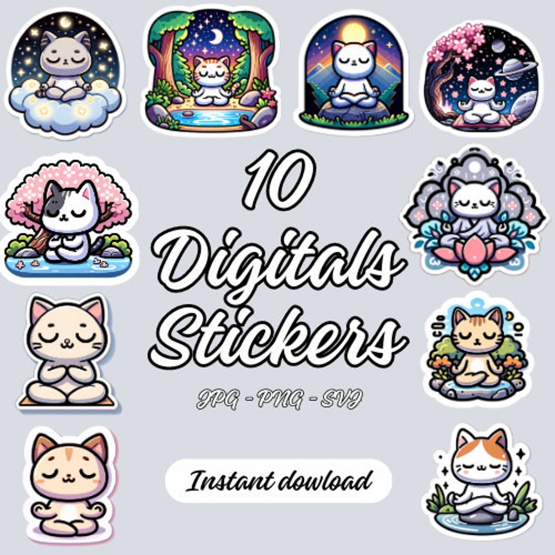 Pack 10 Kawaii Cat Meditation Stickers: PNG, SVG, JPG, Perfect for Yoga ...