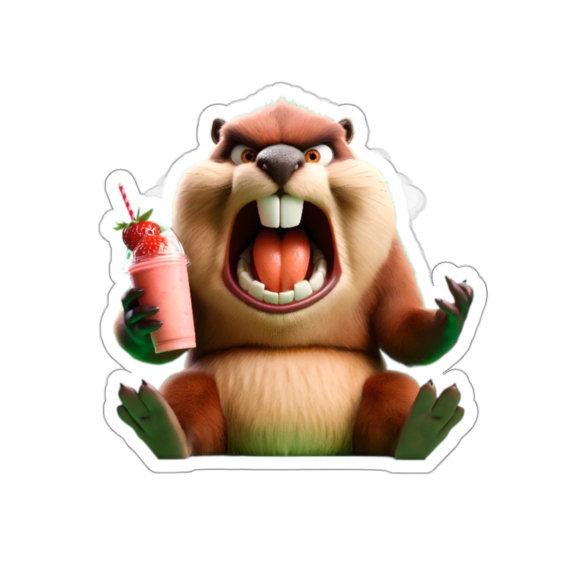 Animated Angry Beaver Die-cut Sticker, Mean Beaver Holding Strawberry ...