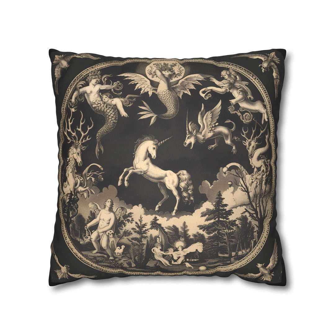 Medieval Bestiary Pillow Cover, Mythical Creatures Pillowcase, Unicorn ...