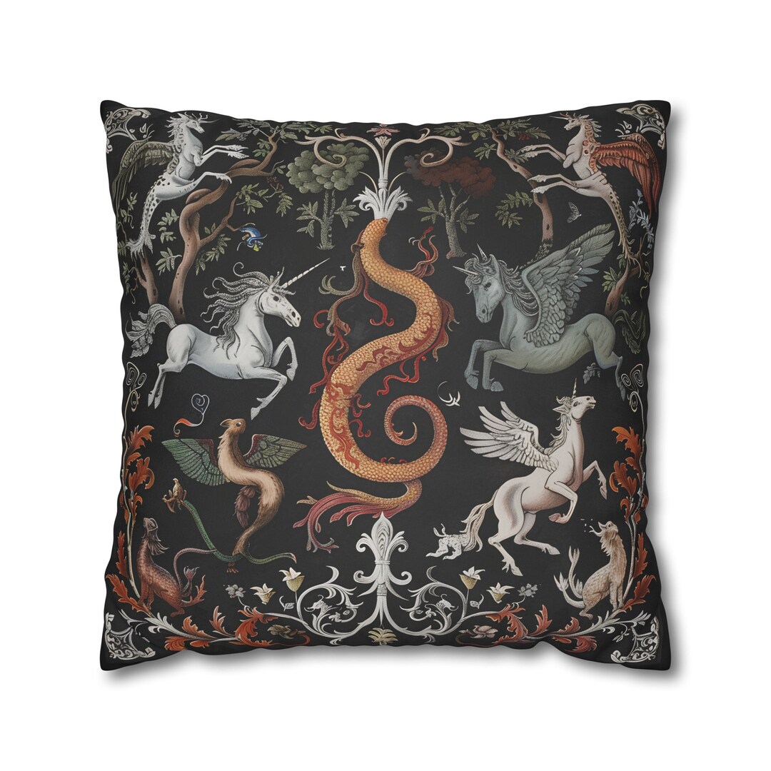 Medieval Bestiary Faux Suede Square Pillowcase, Gothic Unicorn Pillow ...