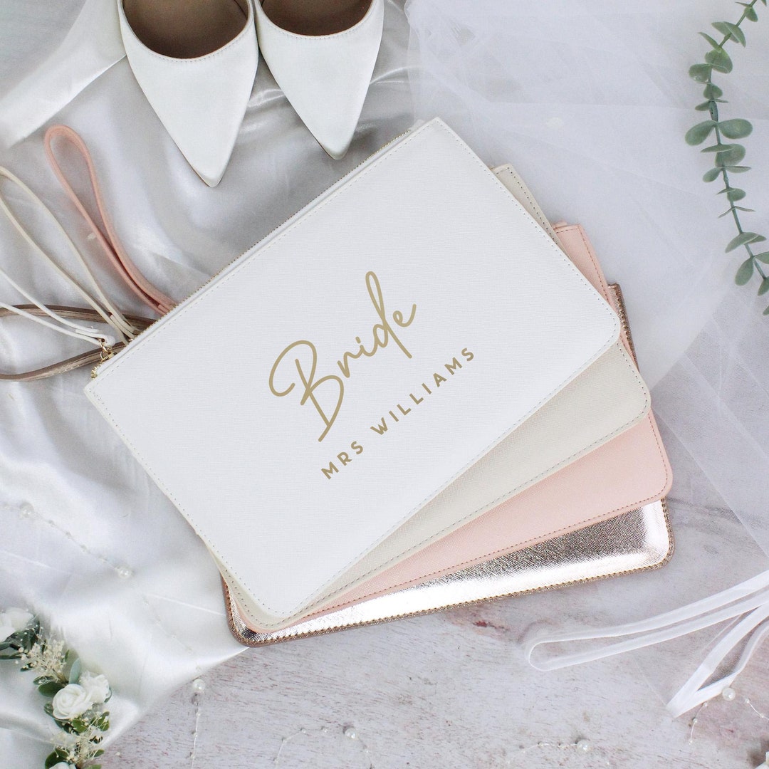 Personalised Bride Clutch Bag, Title & Married Name, PU Leather Wedding ...