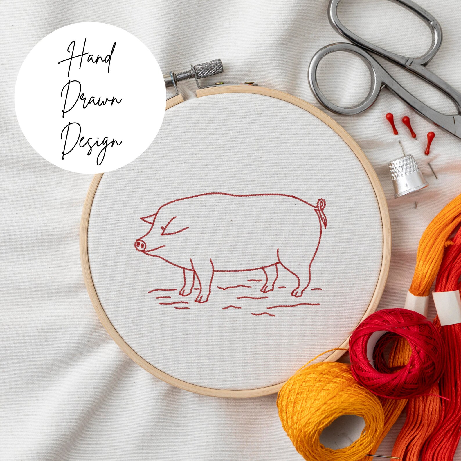 Pig Embroidery Design, DIY Hand Stitch Redwork Pattern PDF, Instant ...