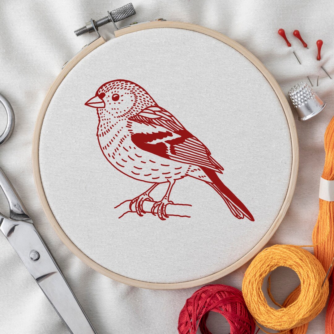 Chaffinch Bird Embroidery Design, DIY Hand Stitch Redwork Pattern PDF ...