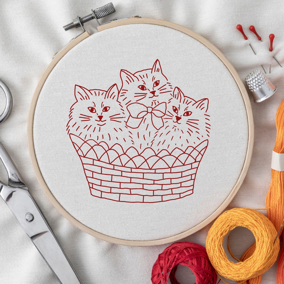 Kitten Embroidery Design, DIY Hand Stitch Redwork Pattern PDF, Instant ...