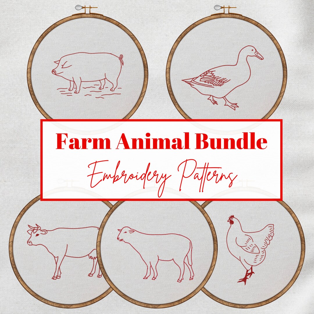 Farm Animal Embroidery Design Bundle, DIY Hand Stitch Redwork Pattern ...