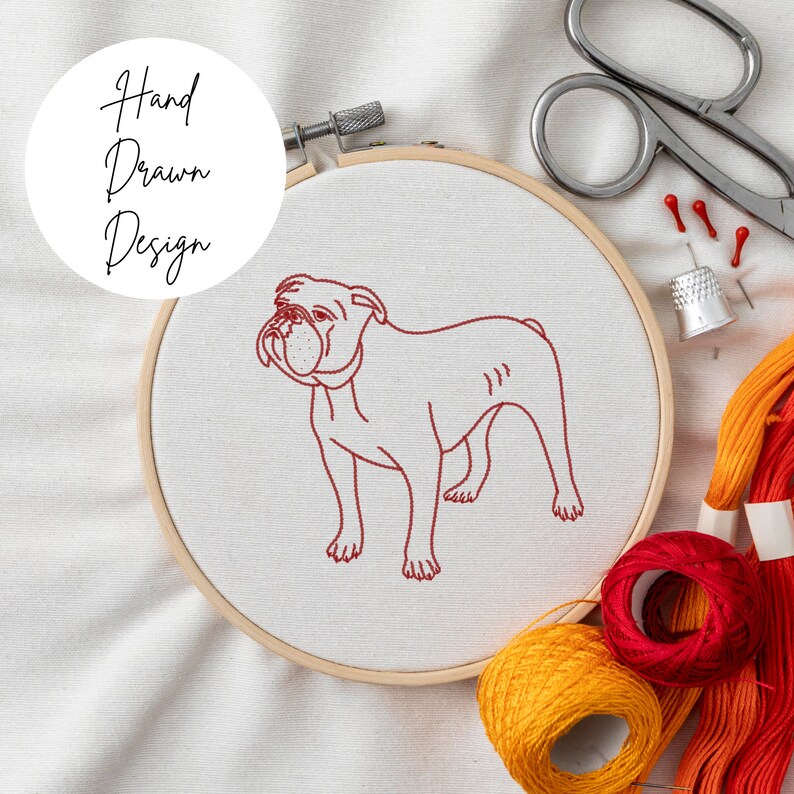 Bulldog Embroidery Design, DIY Hand Stitch Redwork Pattern PDF, Instant ...