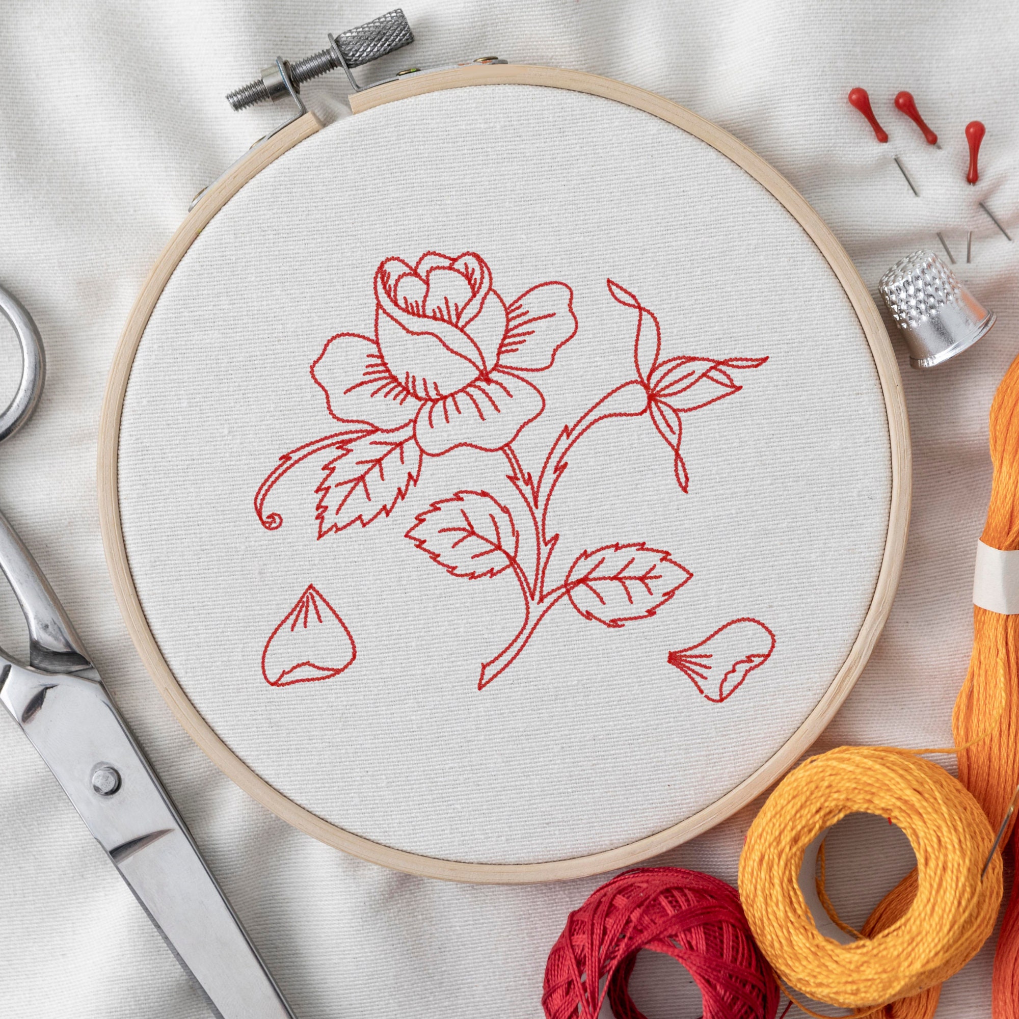 Rose Embroidery Design, DIY Hand Stitch Floral Redwork Pattern PDF ...