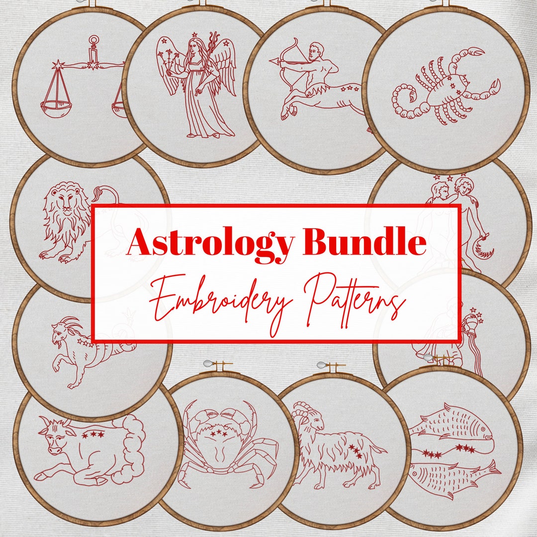 Astrology Embroidery Design Bundle, DIY Hand Stitch Redwork Pattern PDF ...