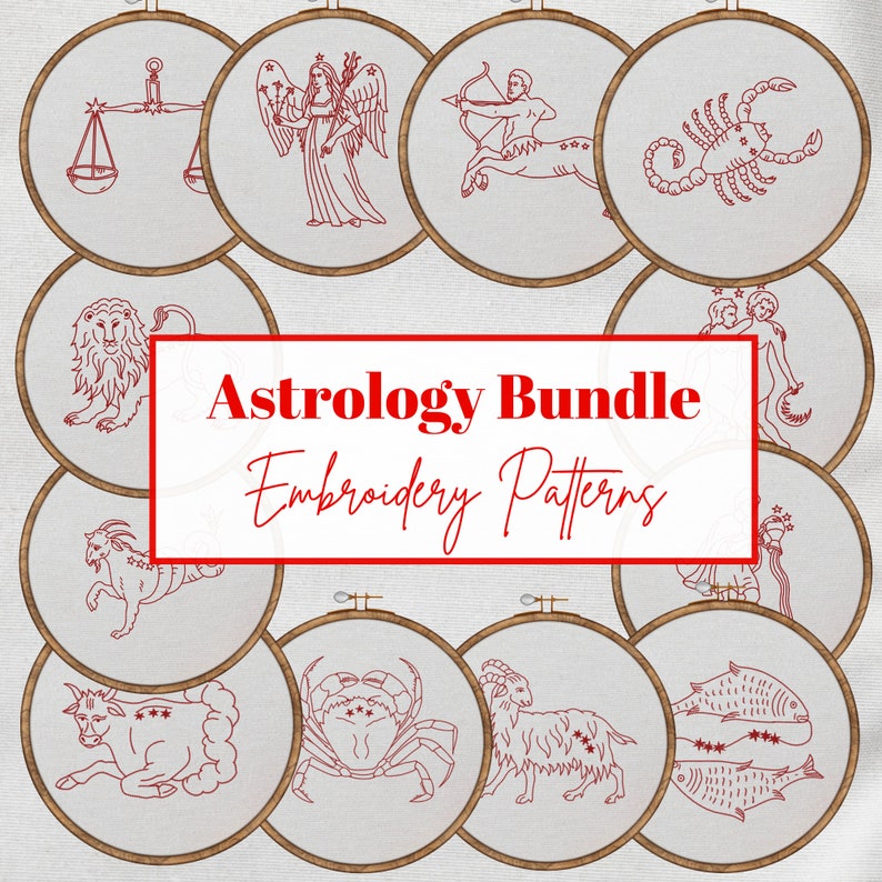 Astrology Embroidery Design Bundle, DIY Hand Stitch Redwork Pattern PDF ...
