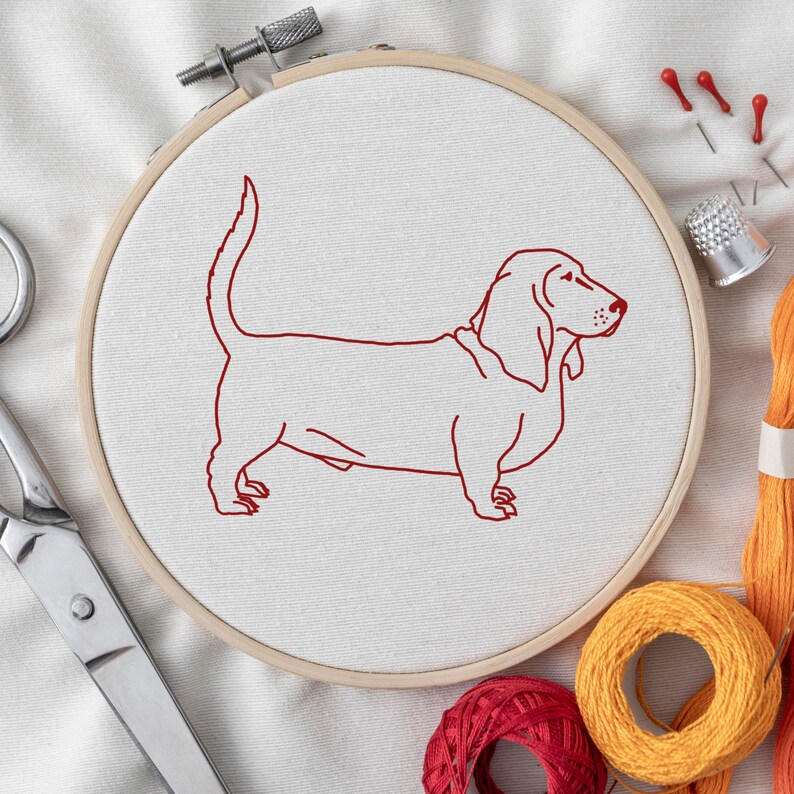Basset Hound Embroidery Design PDF, DIY Hand Stitch Redwork Pattern ...