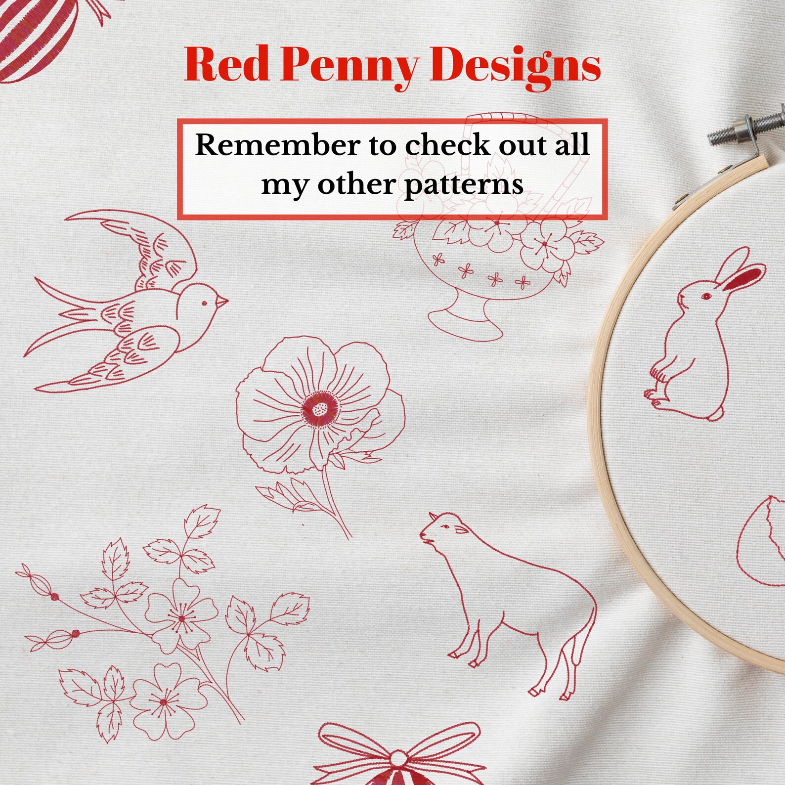 Bunny Embroidery Pattern PDF, DIY Hand Stitch Redwork Rabbit Design, Instant Download, Easter ...