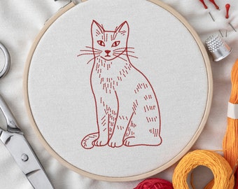 Kitten Embroidery Design, DIY Hand Stitch Redwork Pattern PDF, Instant ...
