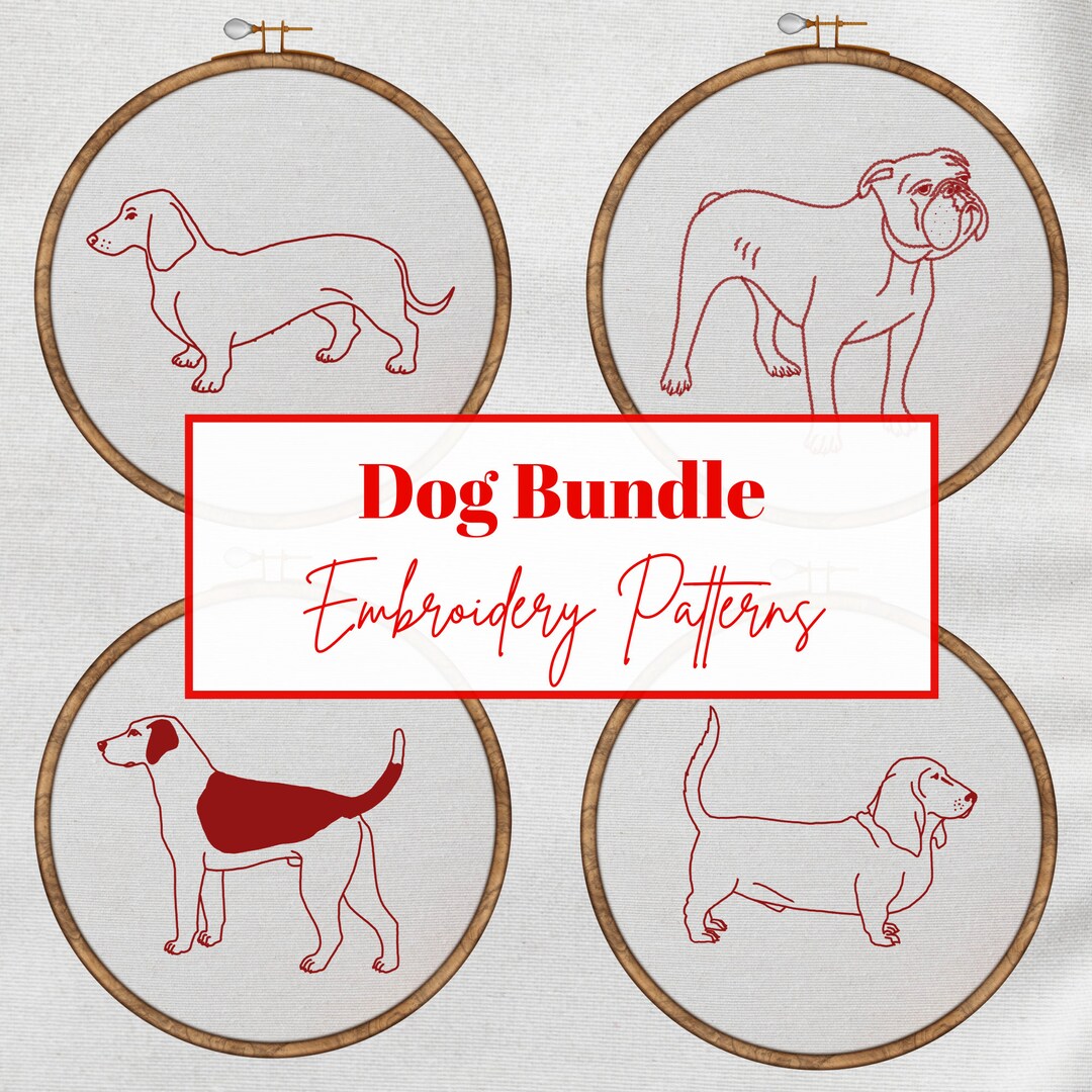 Dog Embroidery Design Bundle, DIY Hand Stitch Redwork Pattern PDF ...