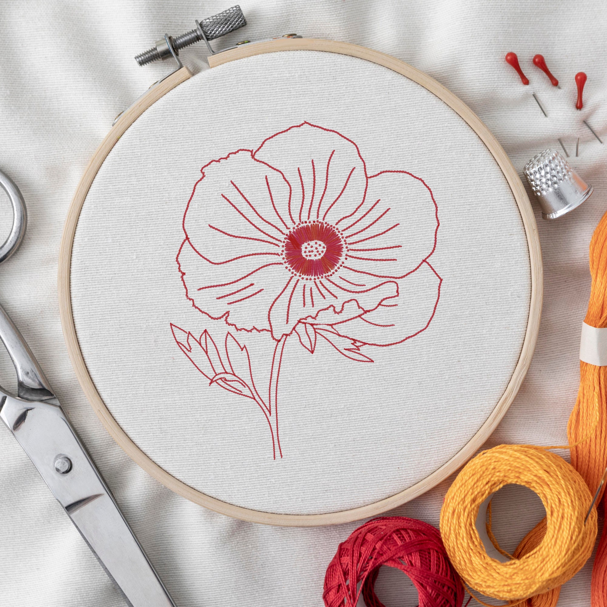 Poppy Embroidery Design, DIY Hand Stitch Floral Redwork Pattern PDF ...