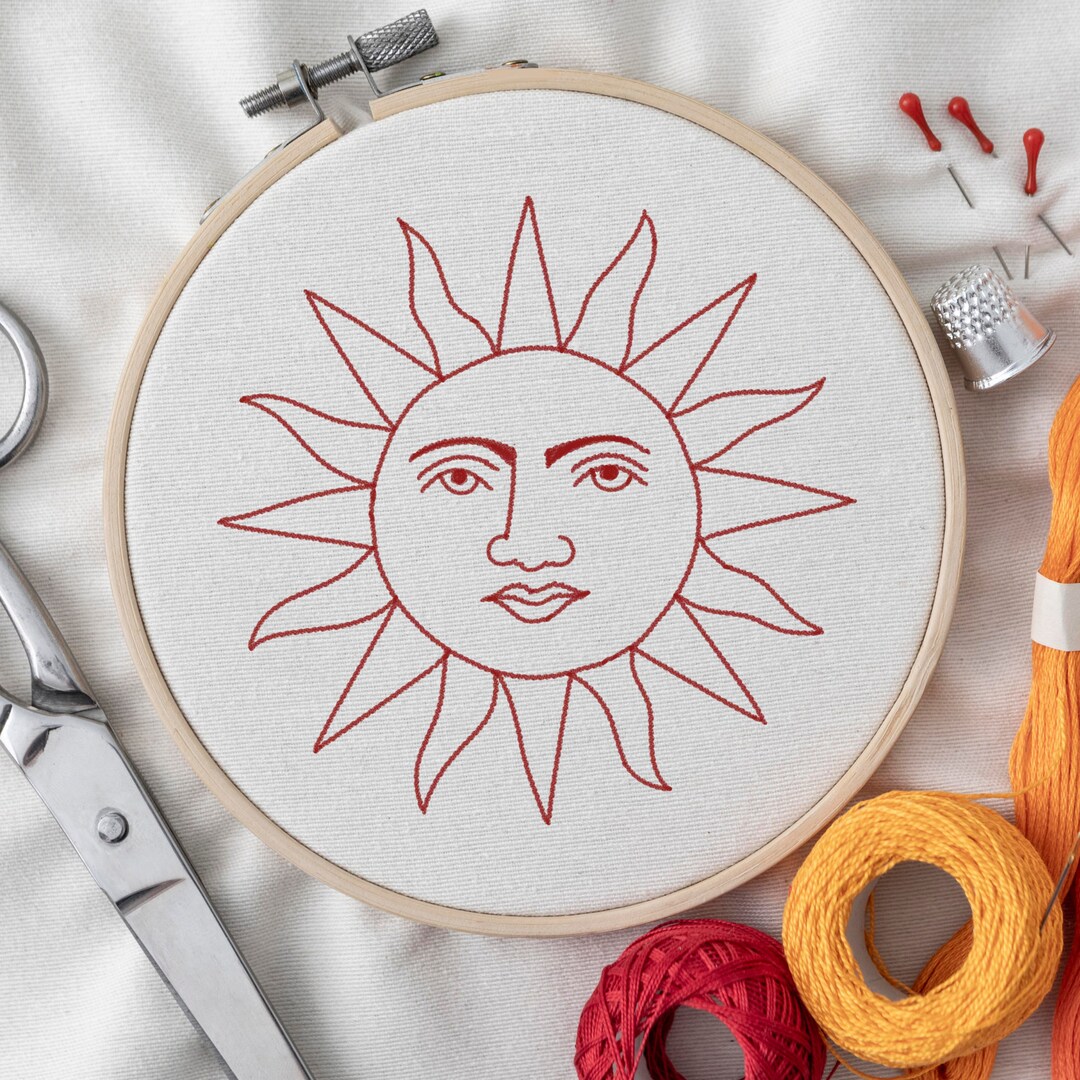 Sun Embroidery Design, DIY Hand Stitch Redwork Pattern PDF, Instant ...