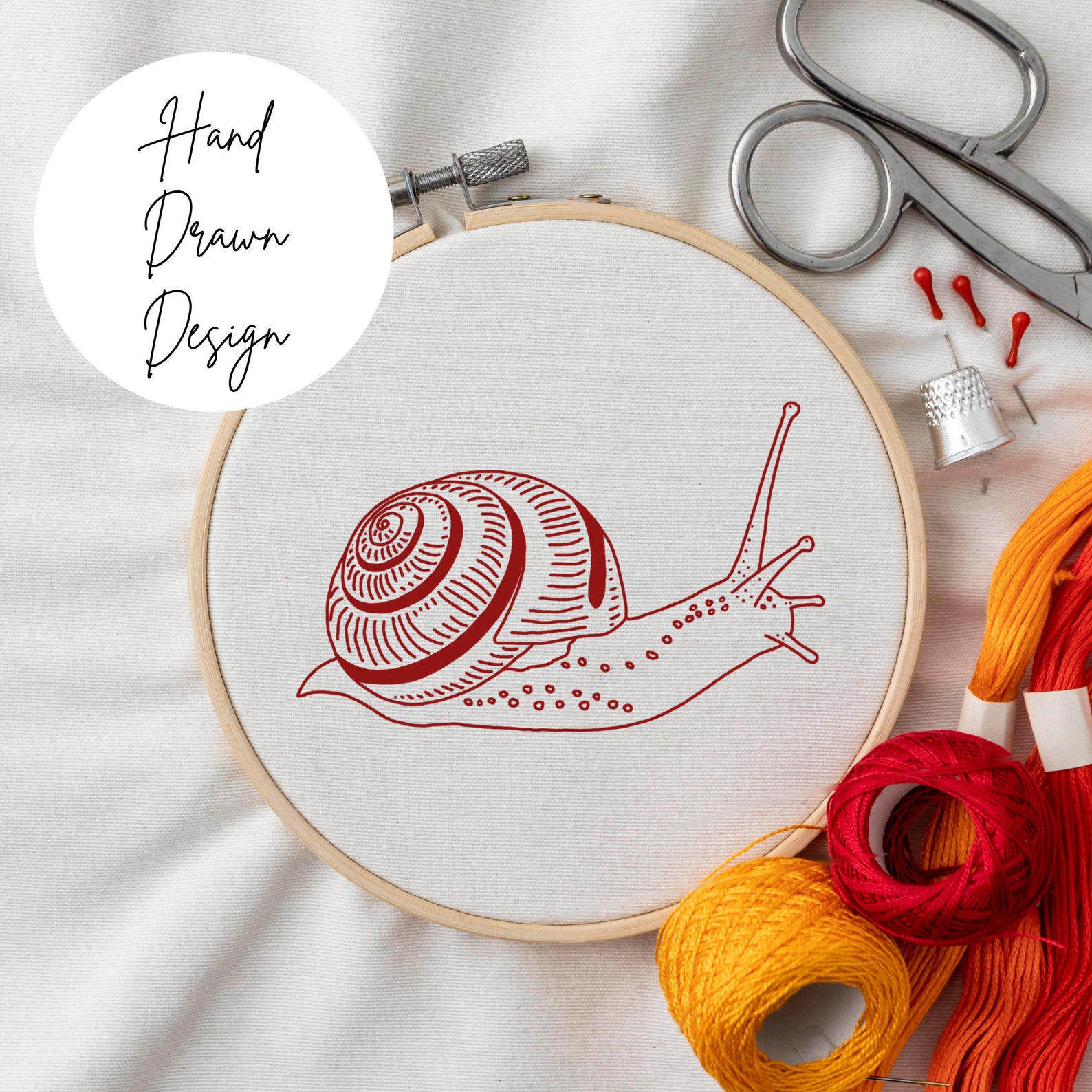 Snail Embroidery Design, DIY Hand Stitch Redwork Pattern PDF, Instant ...