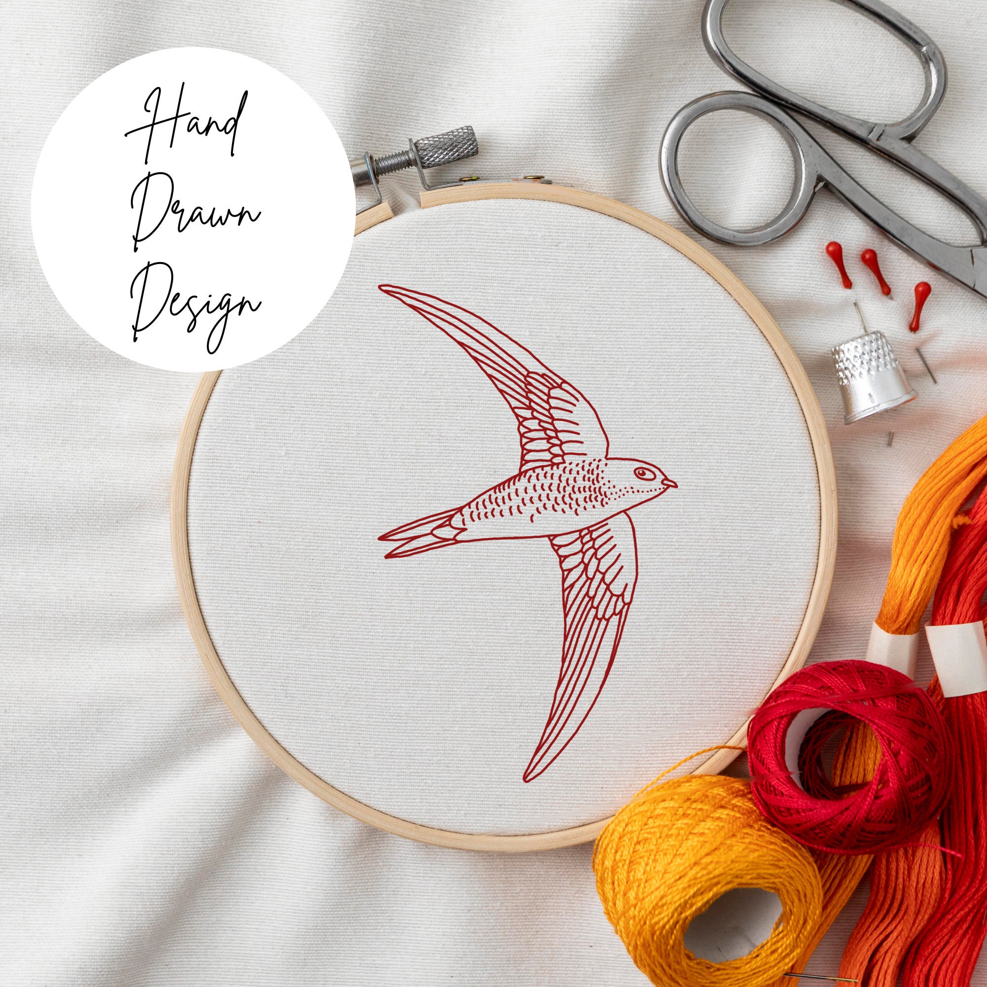 Swift Bird Embroidery Design, DIY Hand Stitch Redwork Pattern PDF ...