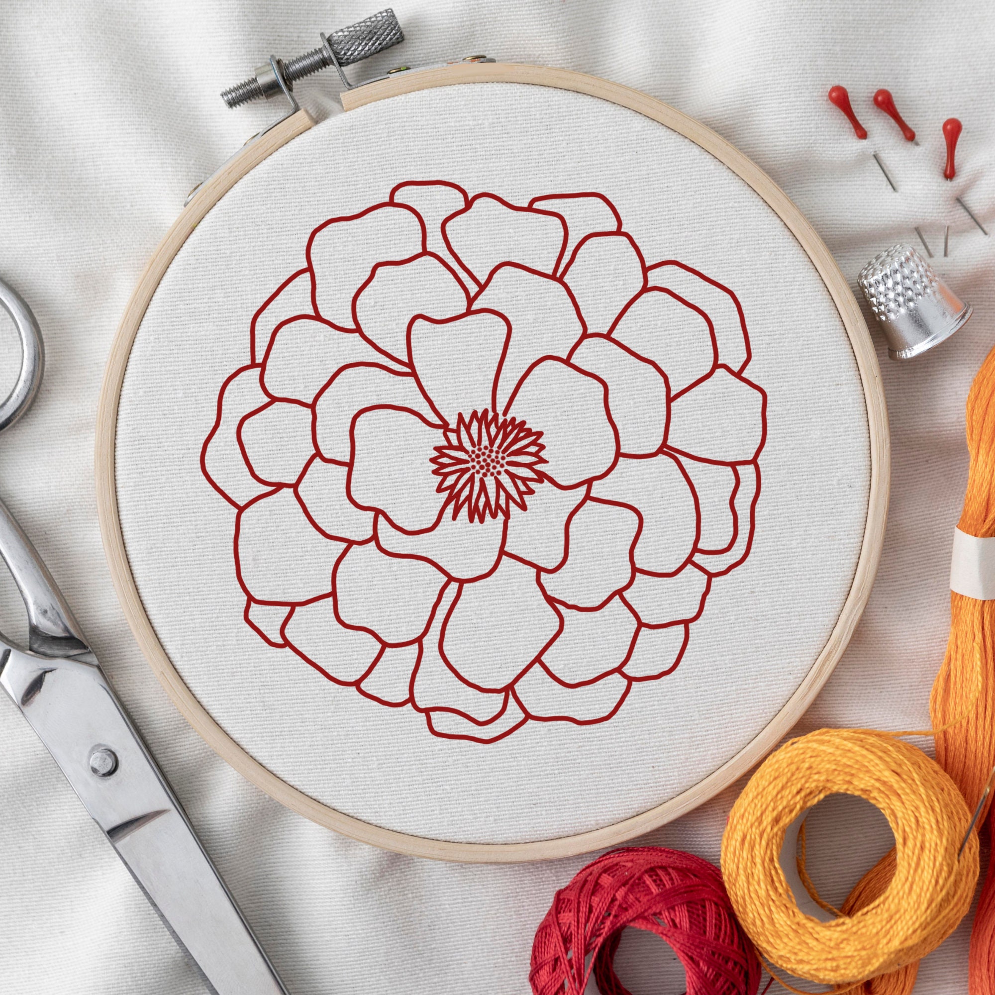 Marigold Embroidery Design, DIY Hand Stitch Redwork Pattern PDF ...