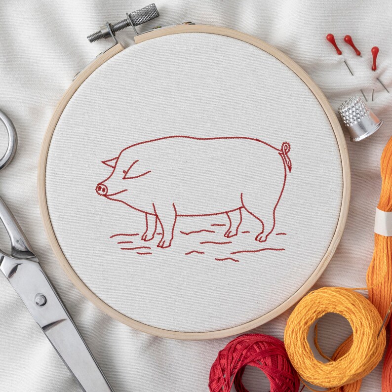 Pig Embroidery Design, DIY Hand Stitch Redwork Pattern PDF, Instant ...