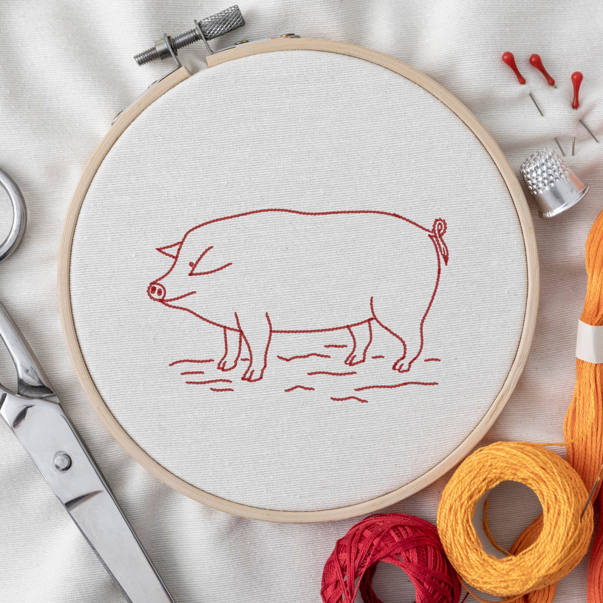 Pig Embroidery Design, DIY Hand Stitch Redwork Pattern PDF, Instant ...