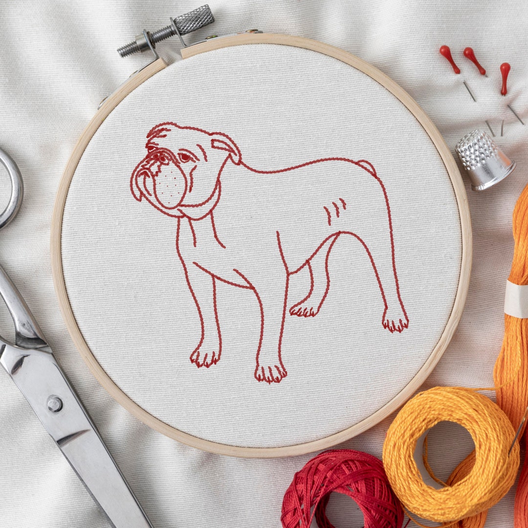 Bulldog Embroidery Design, DIY Hand Stitch Redwork Pattern PDF, Instant ...