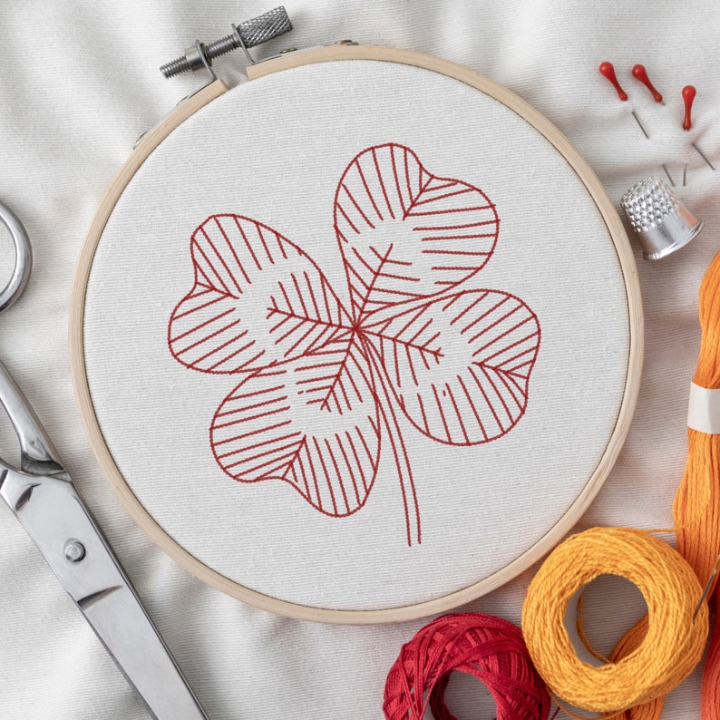Four Leaf Clover Embroidery Design, DIY Hand Stitch Redwork Pattern PDF ...