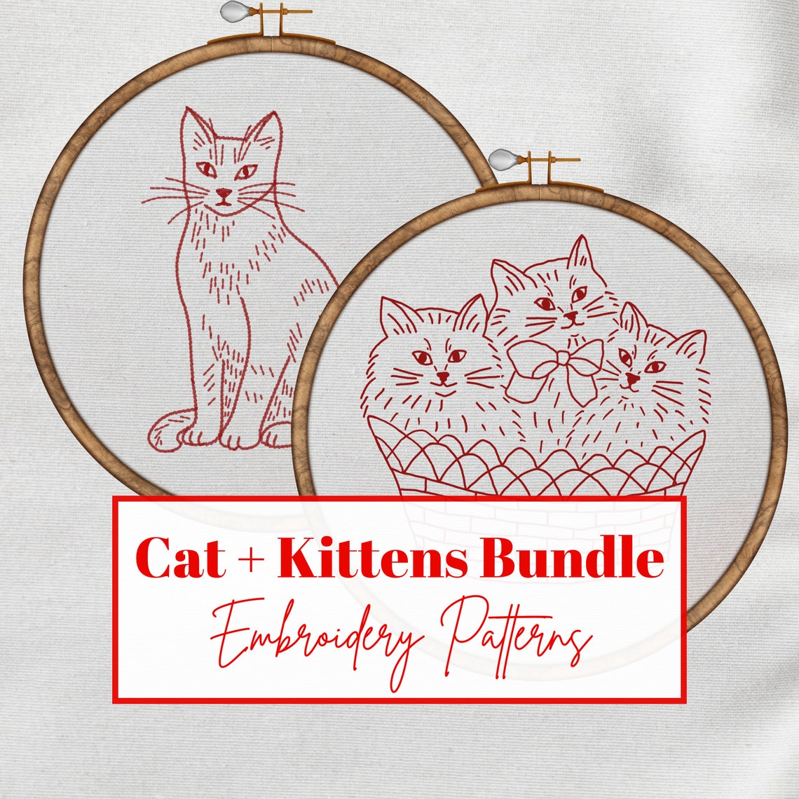 Cat and Kitten Embroidery Design Bundle, DIY Hand Stitch Redwork ...