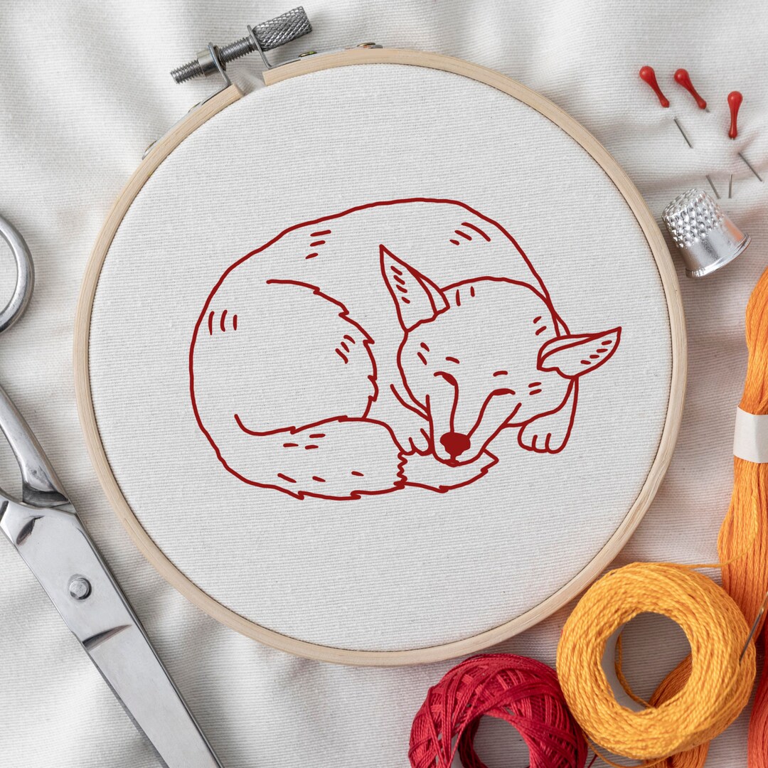 Fox Embroidery Design, DIY Hand Stitch Redwork Pattern PDF, Instant ...