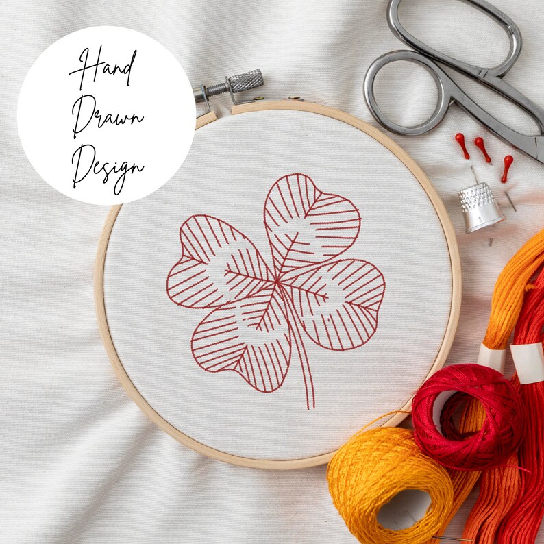 Four Leaf Clover Embroidery Design, DIY Hand Stitch Redwork Pattern PDF ...