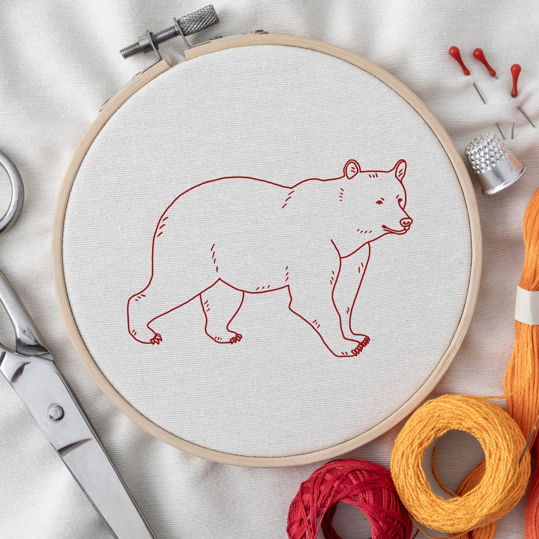 Bear Embroidery Design, DIY Hand Stitch Redwork Pattern PDF, Instant ...
