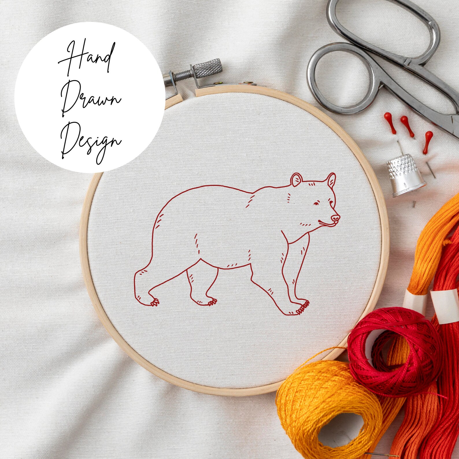Bear Embroidery Design, DIY Hand Stitch Redwork Pattern PDF, Instant ...